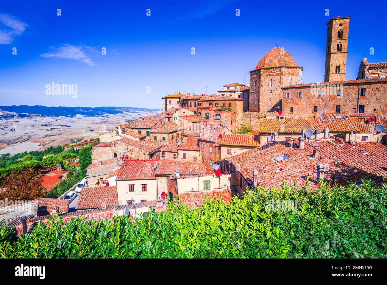 Volterra, Tuscany. Panoramic view of medieval hilltop Tuscan town with ...