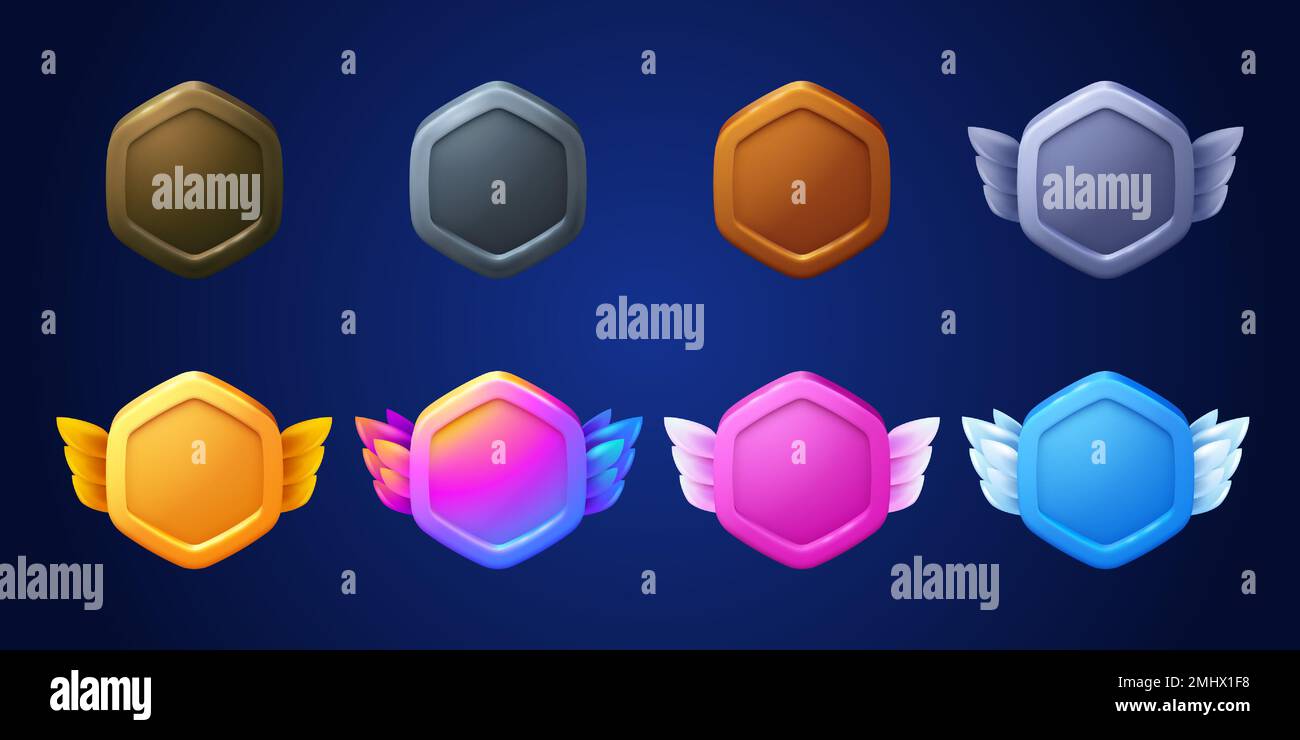 Game badges, buttons in hexagon frame with wings. Game medals, metal ...