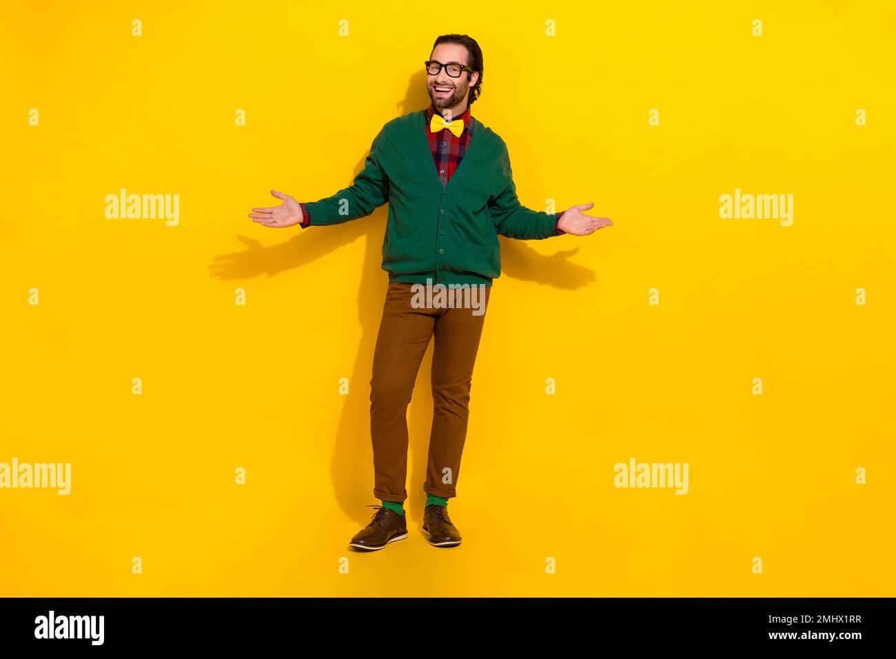 Full length portrait of friendly dandy neat person opened arms invite ...