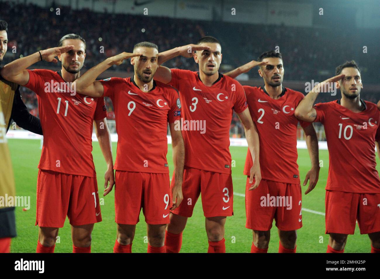 Turkish soccer players gesture as they celebrate their 1-0 win against ...