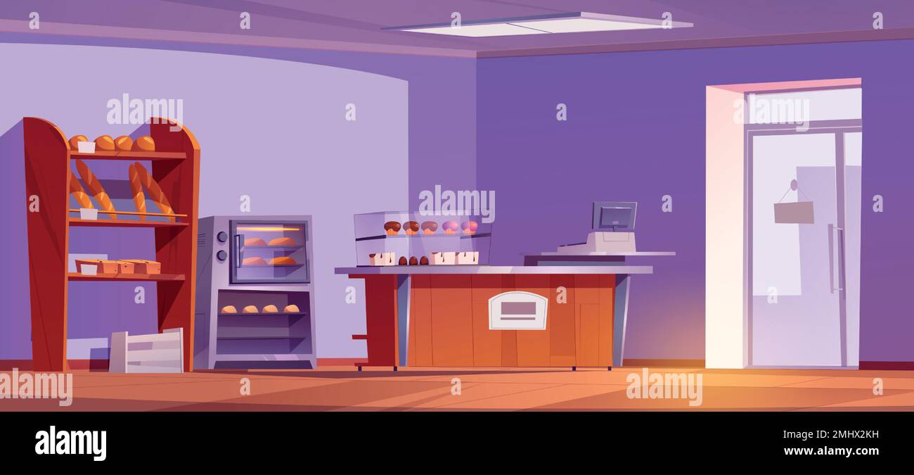 Empty bakery shop interior with furniture and pastry. Vector cartoon ...