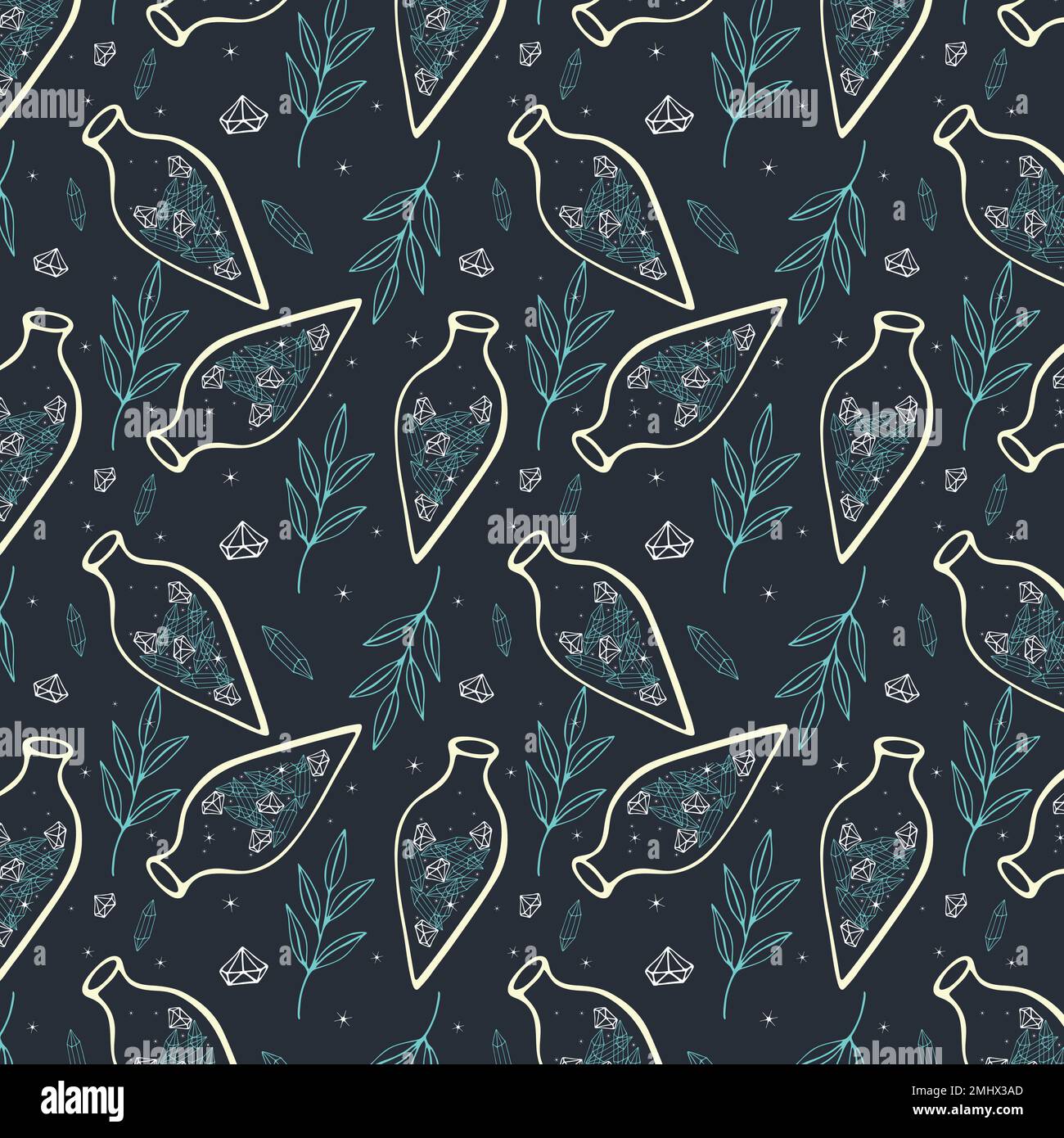 Pattern potion crystals magic bottle witchcraft magic, doodle boho ...