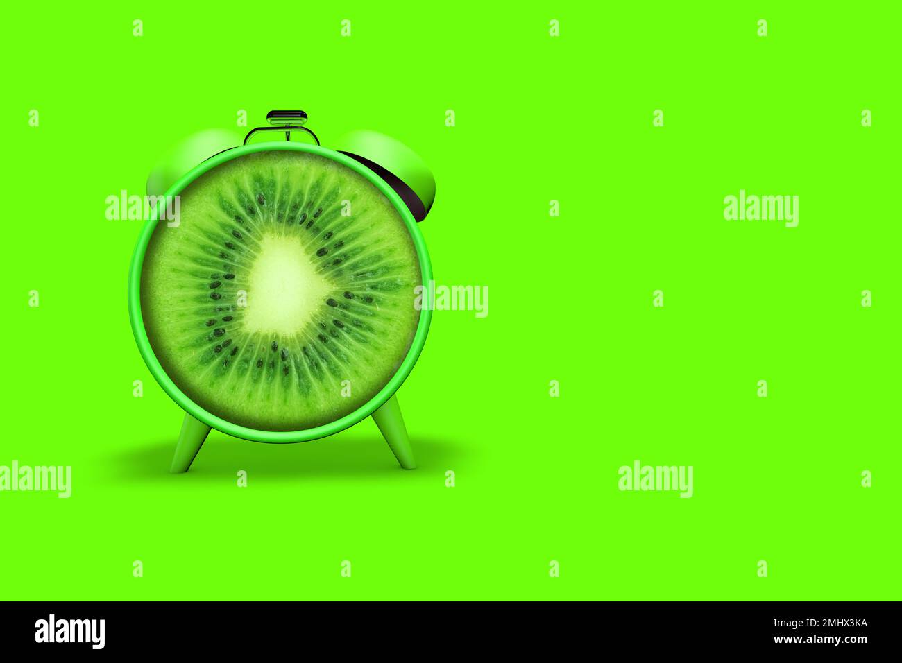 3D rendering red vintage style alarm clock with kiwi fruit sliced Stock Photo - Alamy
