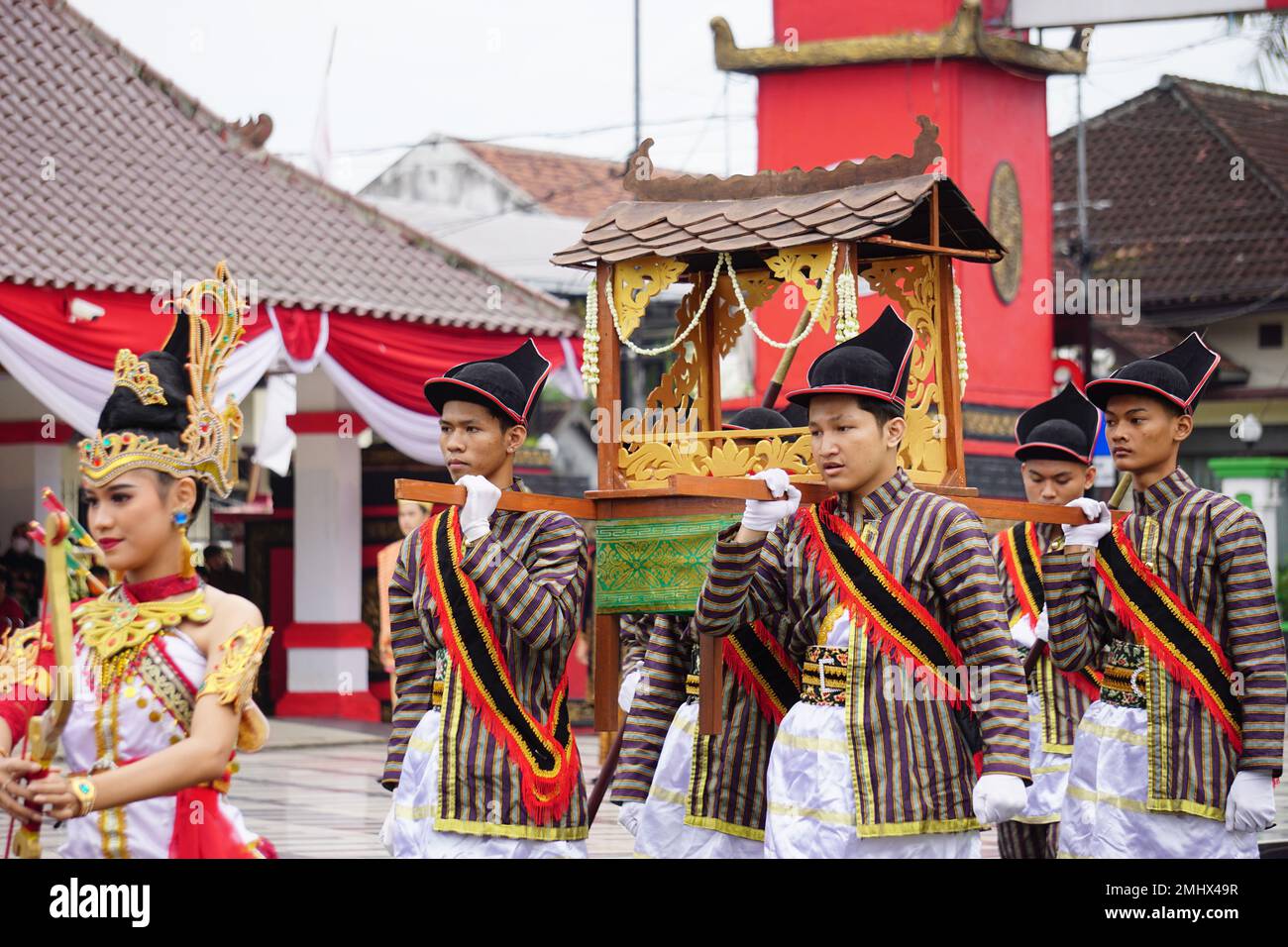 Indonesian with ancient Javanese soldier cloth on grebeg Pancasila ...