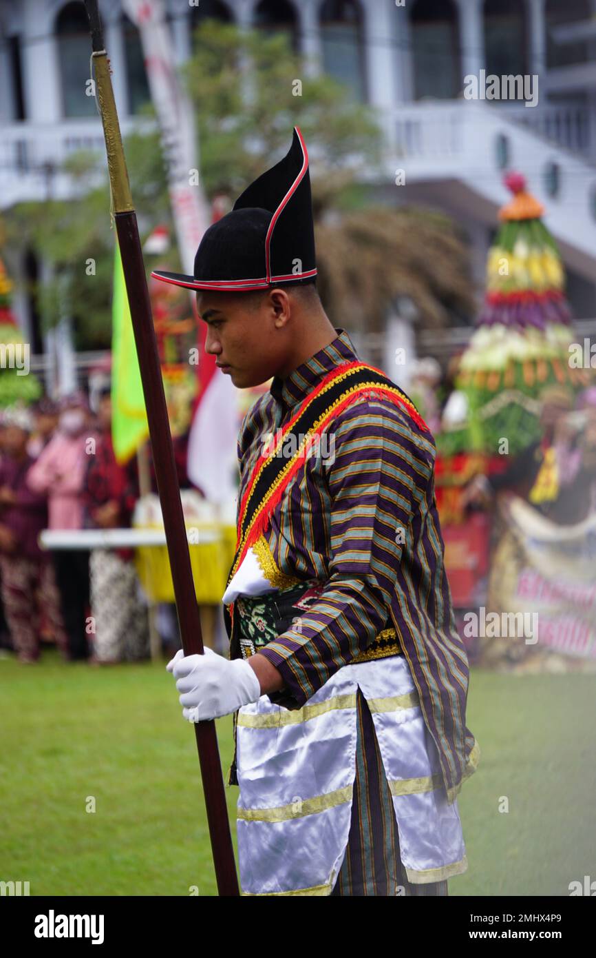 Indonesian with ancient Javanese soldier cloth on grebeg Pancasila ...