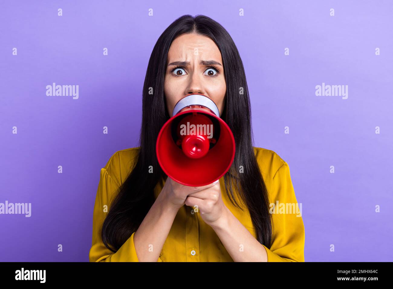 Photo of crazy aggresive lady activist wear stylish clothes hold ...