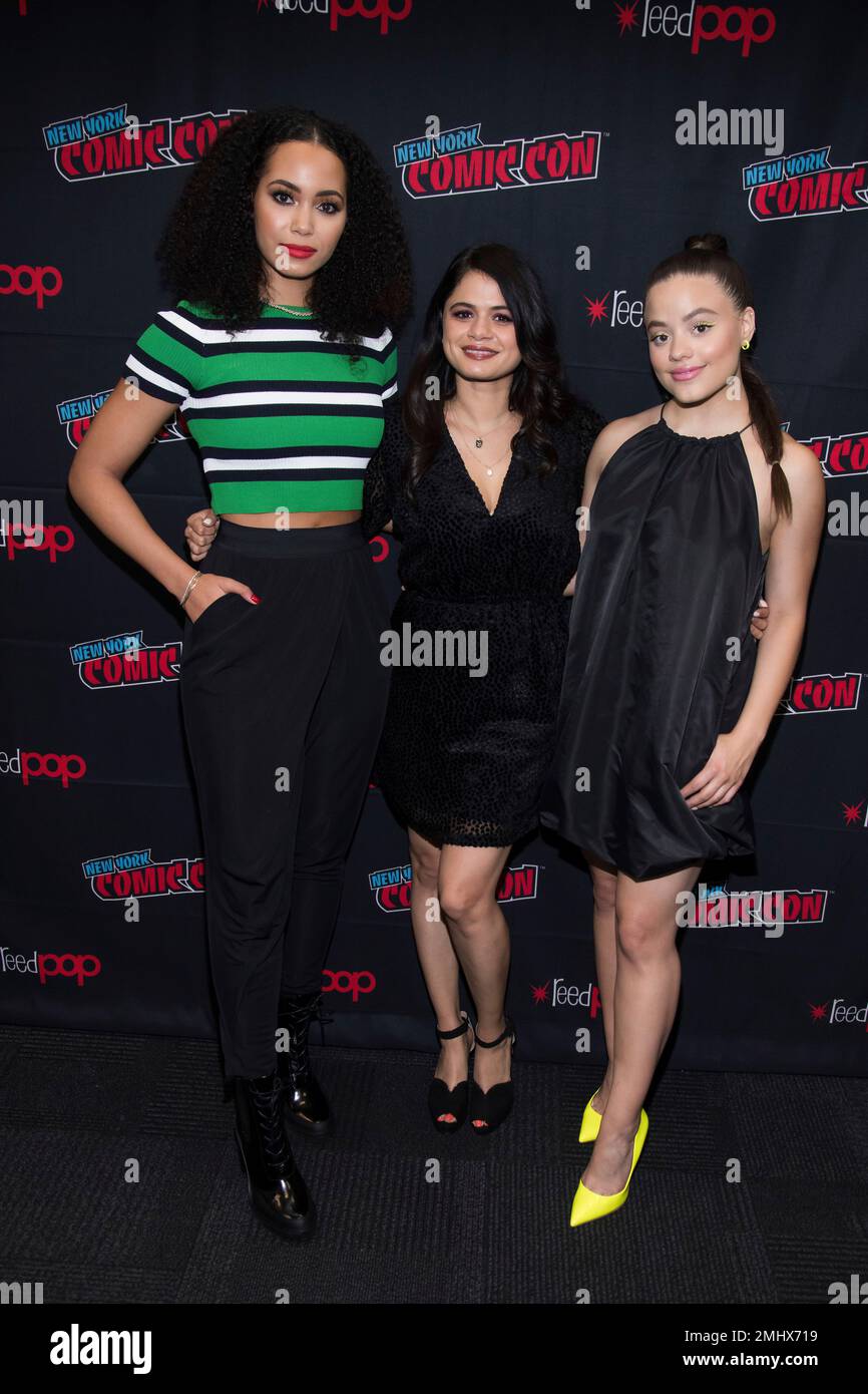 Madeleine Mantock, left, Melonie Diaz and Sarah Jeffery attend New York ...