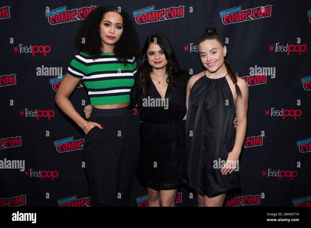 Madeleine Mantock, left, Melonie Diaz and Sarah Jeffery attend New York ...