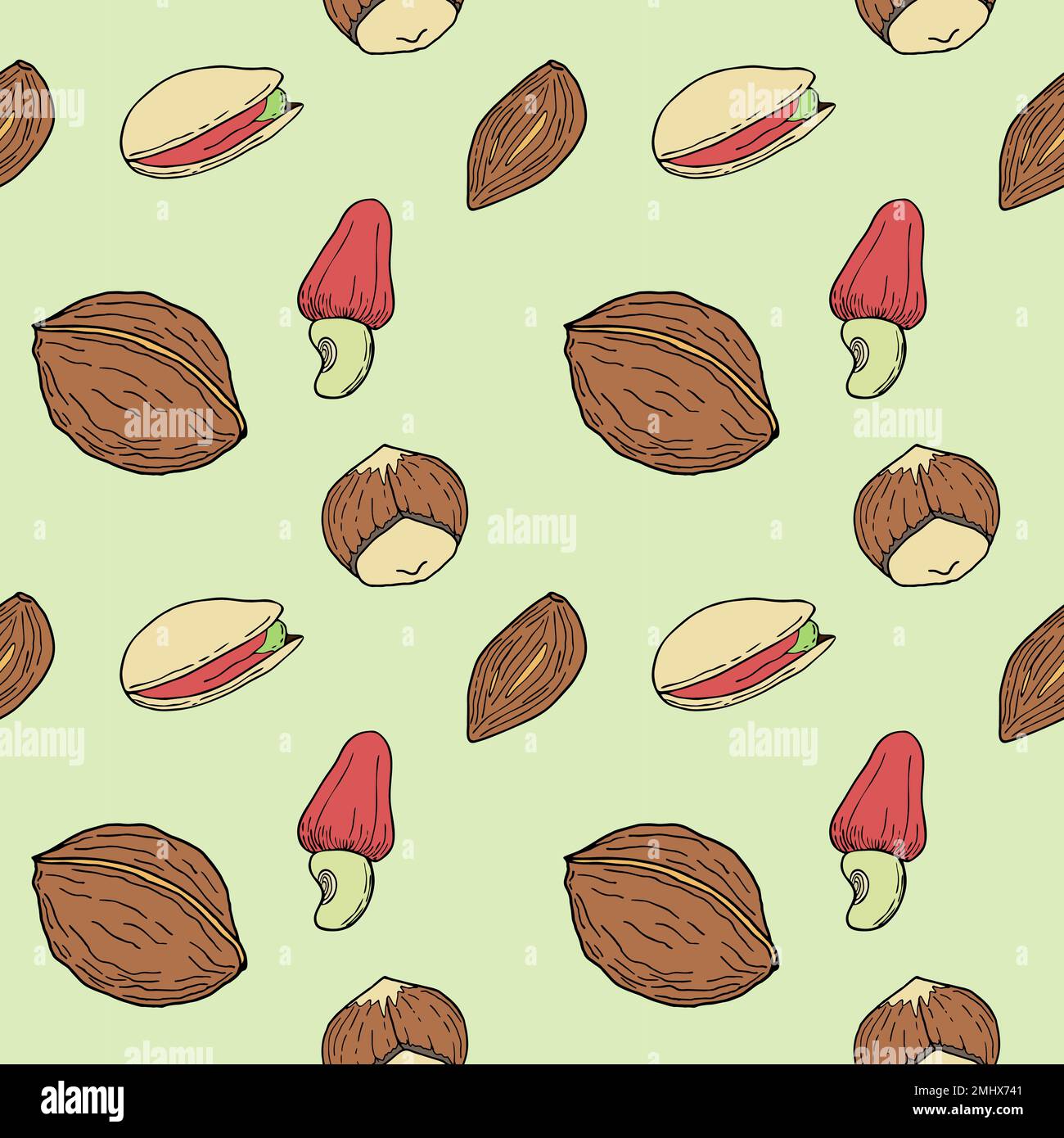 Seamless pattern with Nuts hand drawn doodle - walnut, hazelnut, almond ...