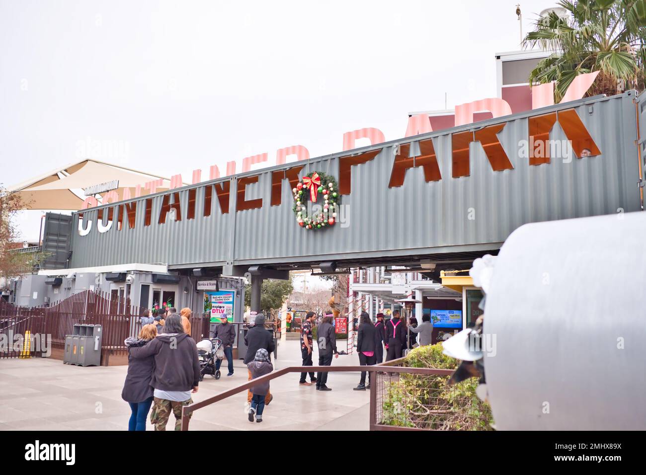 A scene of the facade with the writing of the Downtown Container Park ...
