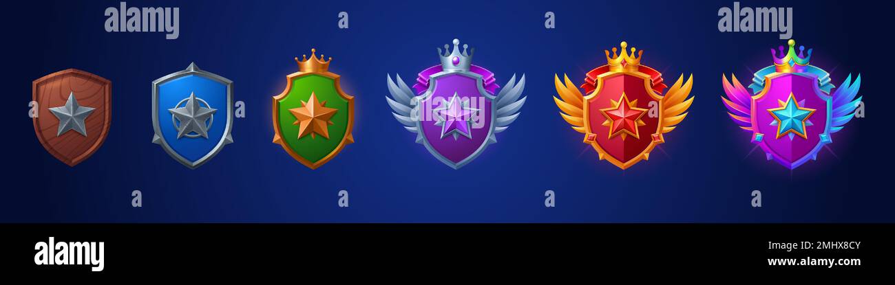 Game ranking badges with shields with star. Level achievement icons ...