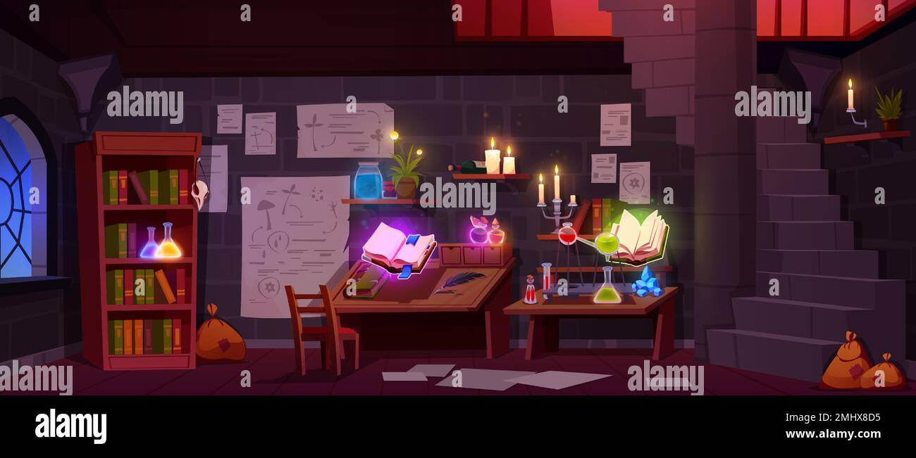 Witch or wizard alchemical laboratory with magic books and potions with ...