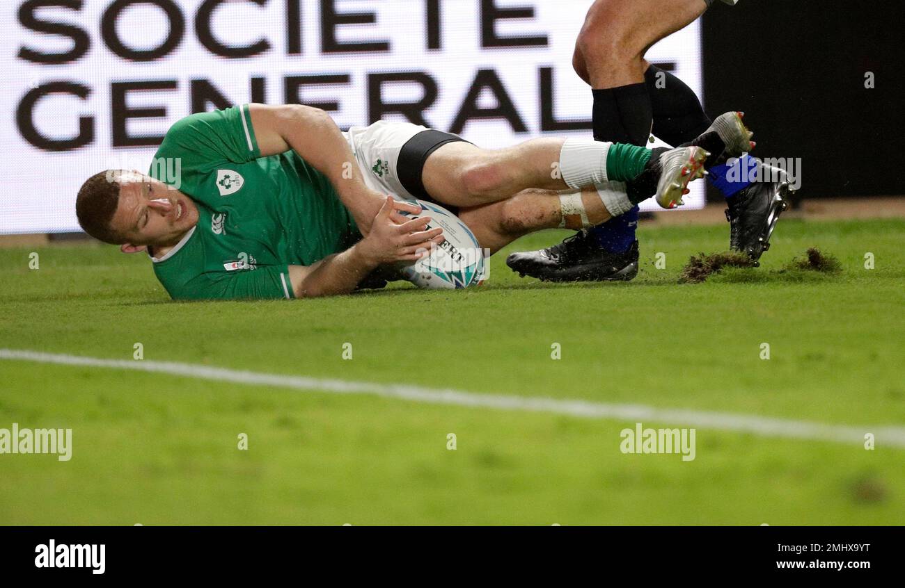 Ireland's Andrew Conway scores a try during the Rugby World Cup Pool A ...