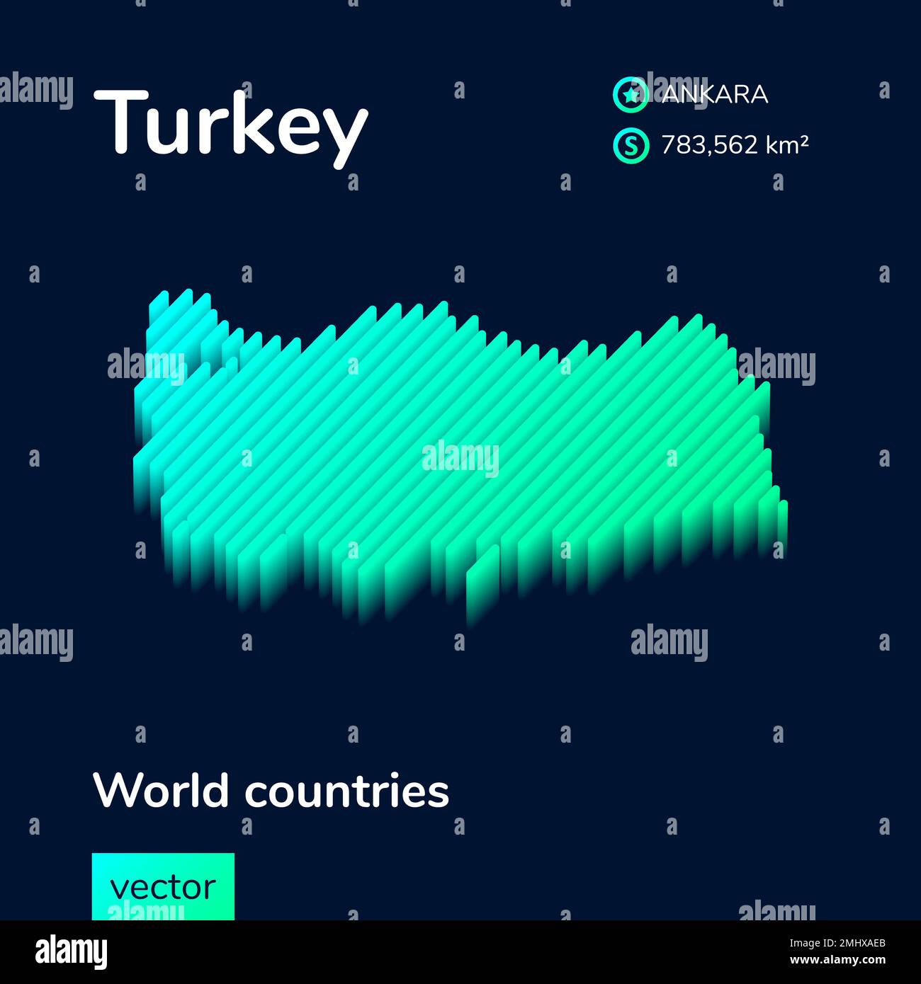 Stylized neon simple digital isometric striped vector Turkey 3D map in ...