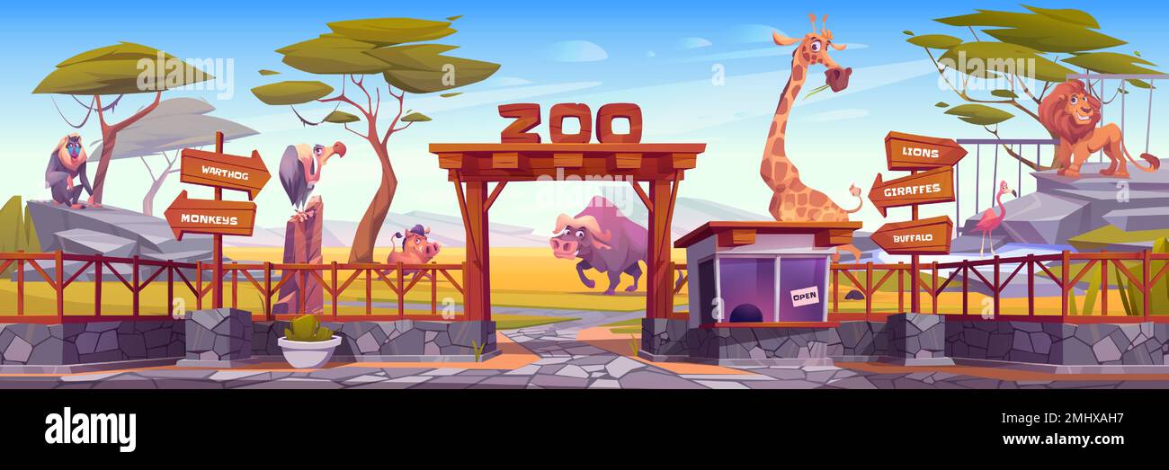 Zoo park with african animals, trees, fence and entrance with wooden ...