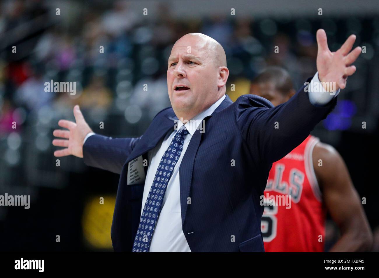Chicago Bulls coach Jim Boylen questions a call during the first half ...