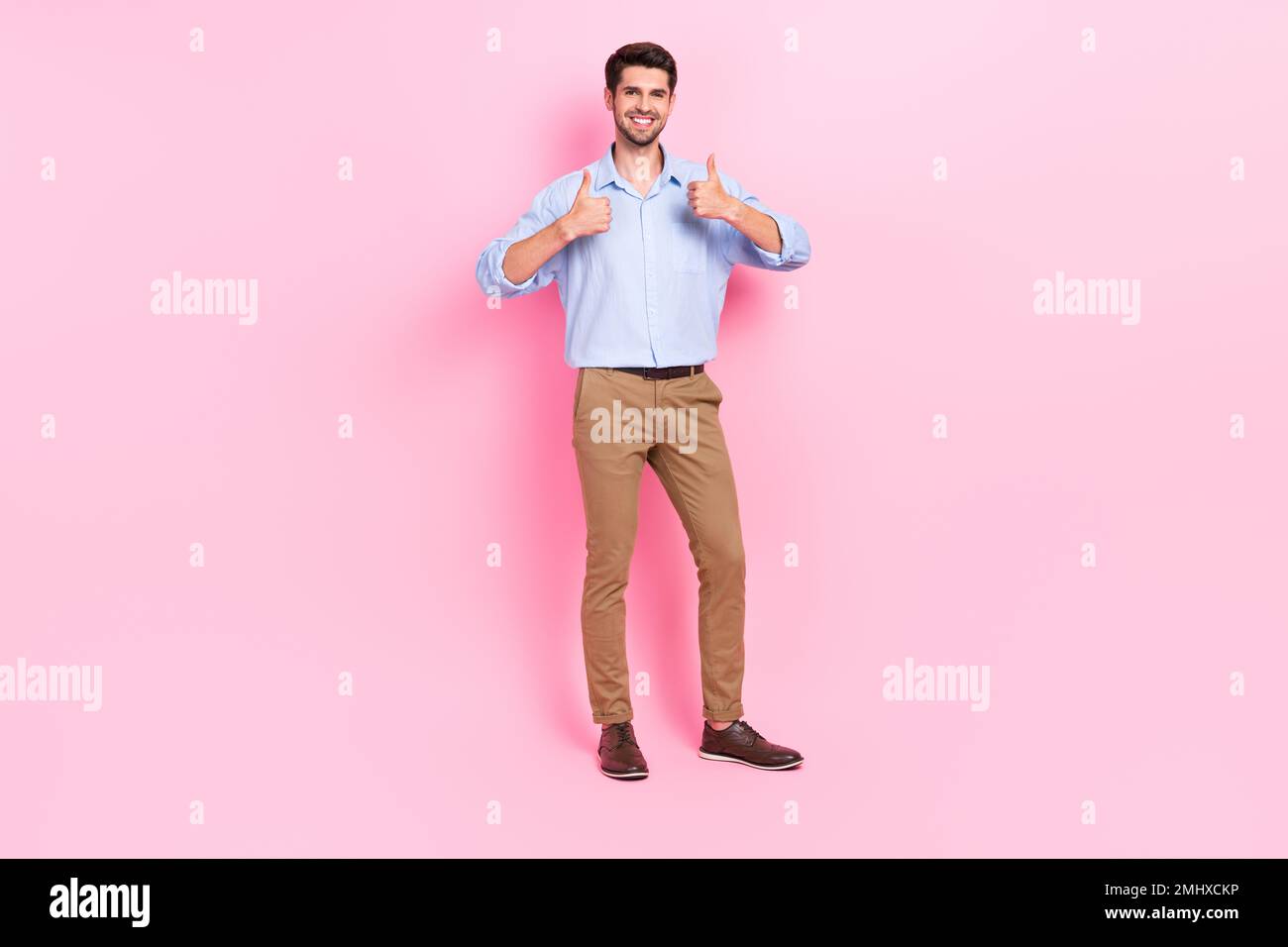 Full body size photo of stylish formal outfit office manager guy thumbs ...