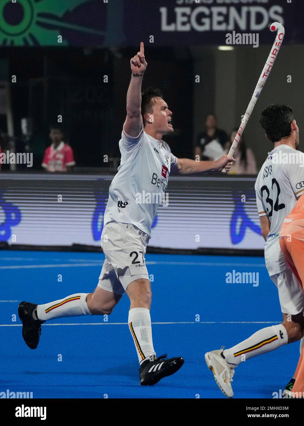 Belgium's Tom Boon celebrates after scoring his side's first goal ...