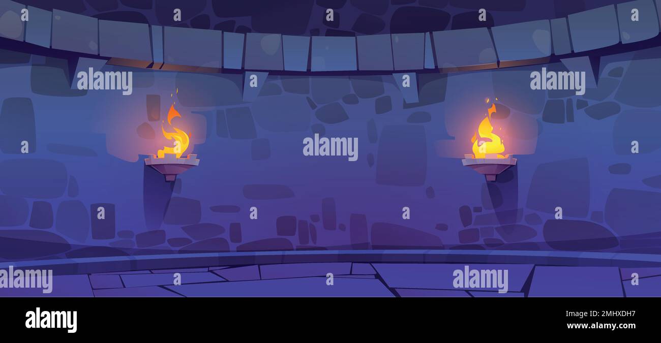 Castle dungeon interior with stone brick walls and torches. Empty ...