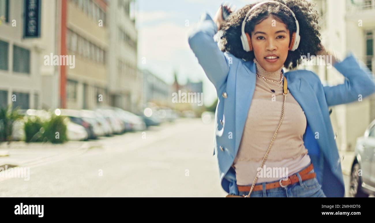 Music, street and black woman dance with energy, wellness and freedom ...