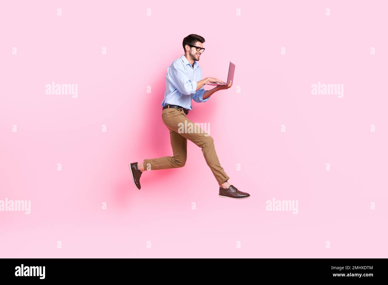 Full length size photo of jumping professional it developer programmer ...