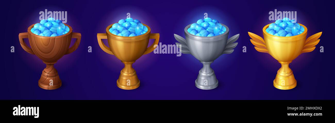 Set of winner trophy cups full of diamond crystals isolated on ...