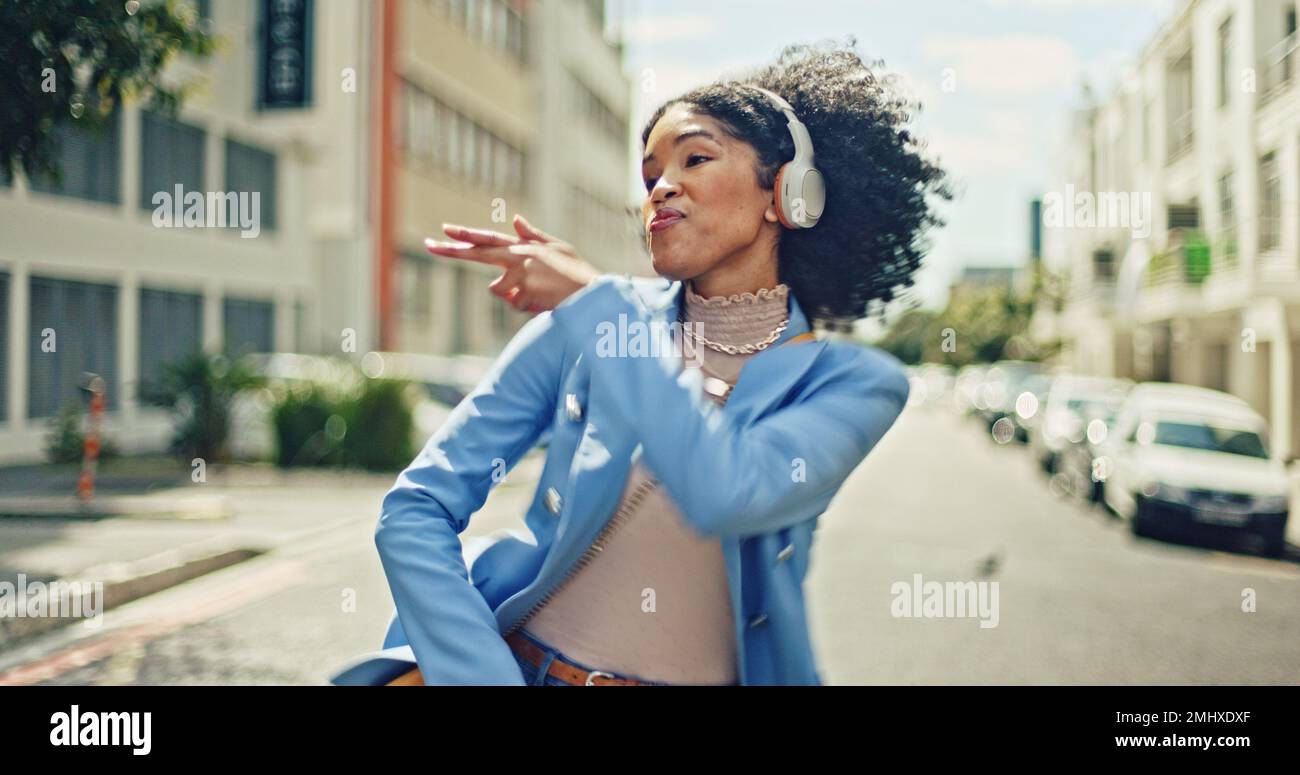 Music, street and black woman dance with energy, wellness and freedom ...