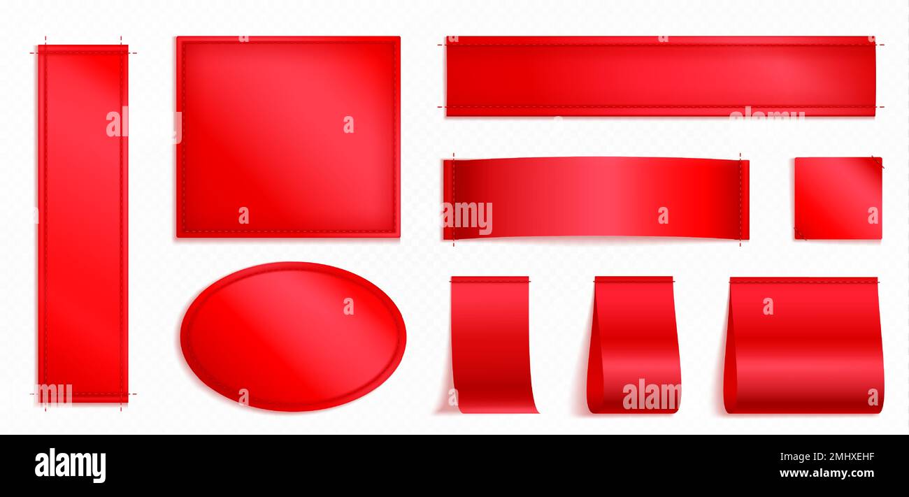 Blank clothes tags, fashion labels with seams. Empty red fabric badges ...