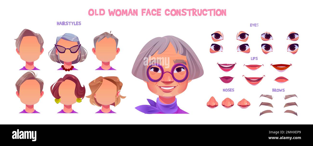 Old asian woman character, senior person face construction set. Chinese ...