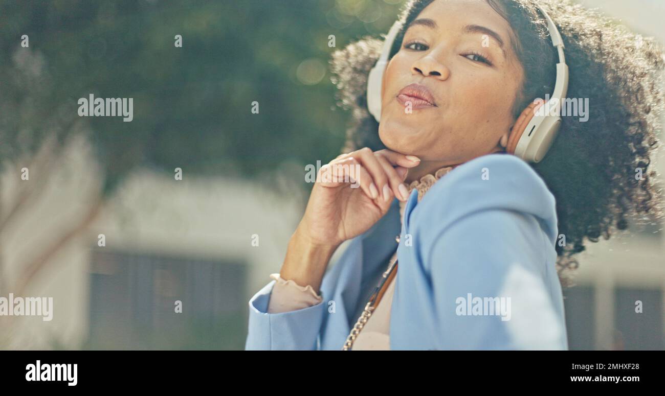 Music, street and black woman dance with energy, wellness and freedom ...