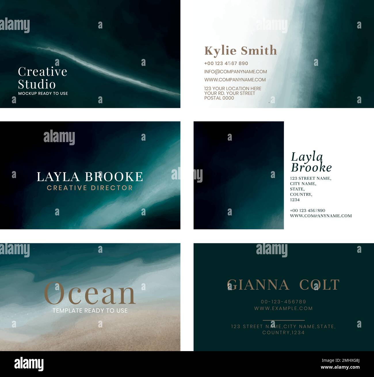 Business card editable template vector set with dark ocean wave ...