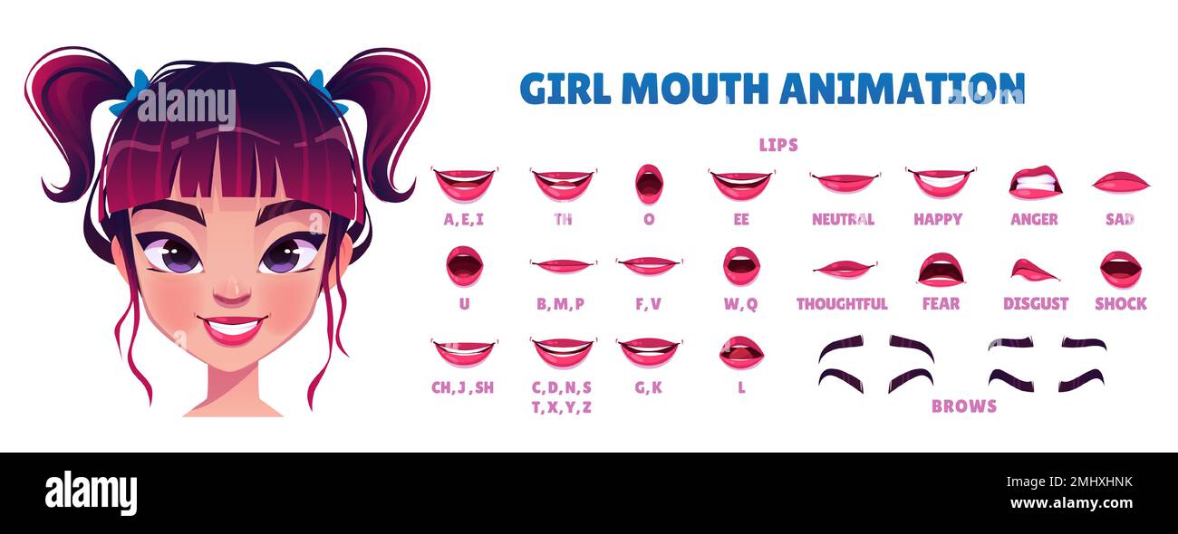 Asian girl mouth animation, pronunciation sync set. Child lips and ...