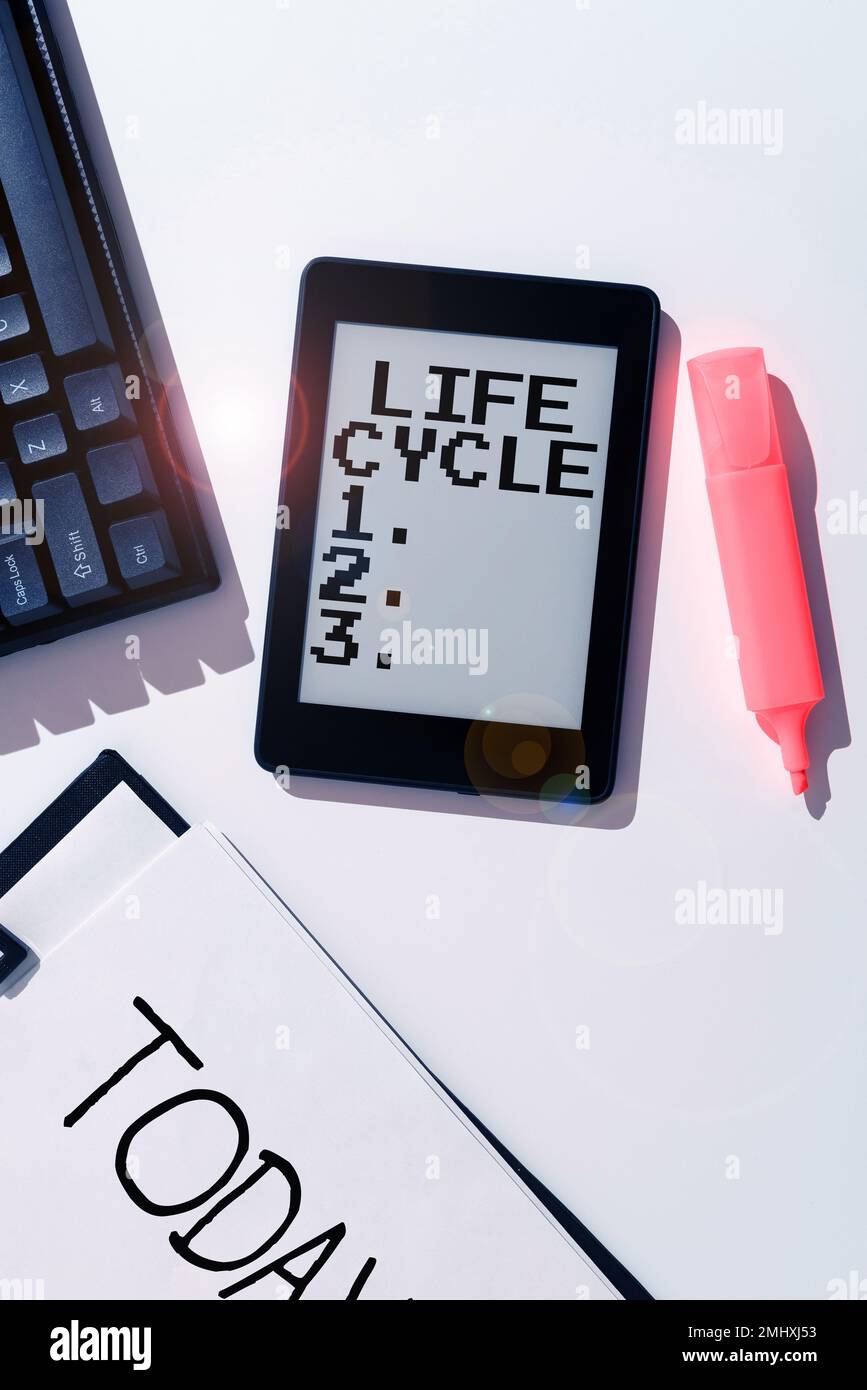 Hand writing sign Life Cycle. Business idea the series of changes in ...