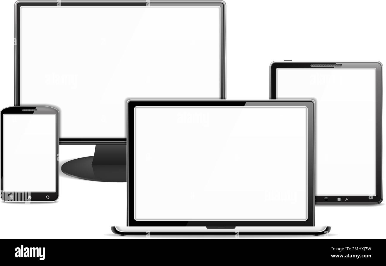 Computer monitor, laptop, tablet pc and smart phone, each device has a ...