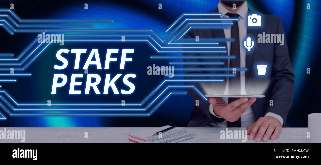Handwriting text Staff Perks. Word Written on Workers Benefits Bonuses ... Handwriting text Staff Perks. Word Written on Workers Benefits Bonuses ...