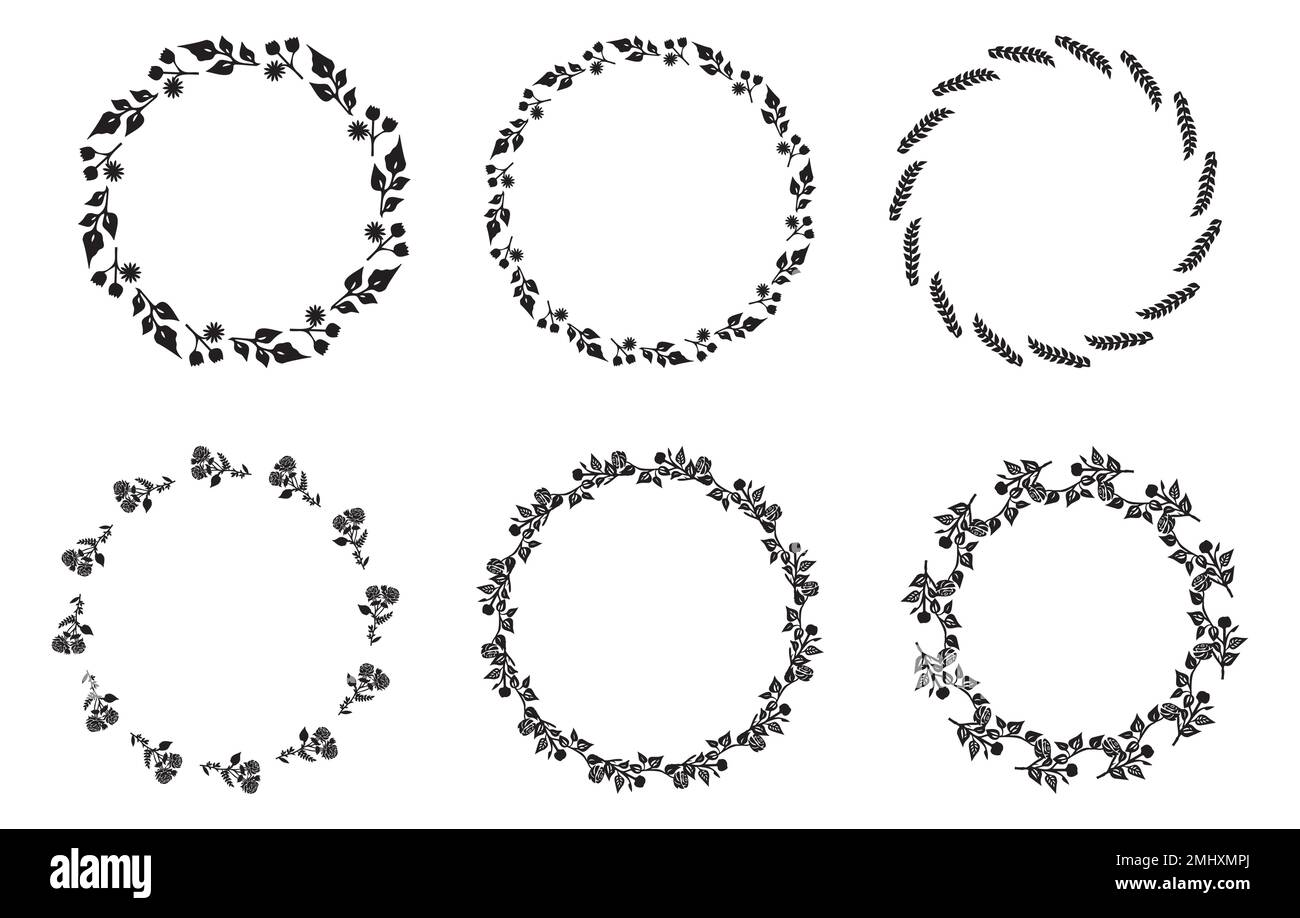 Set of six botanical wreath frames. Vector woodland invitation borders ...
