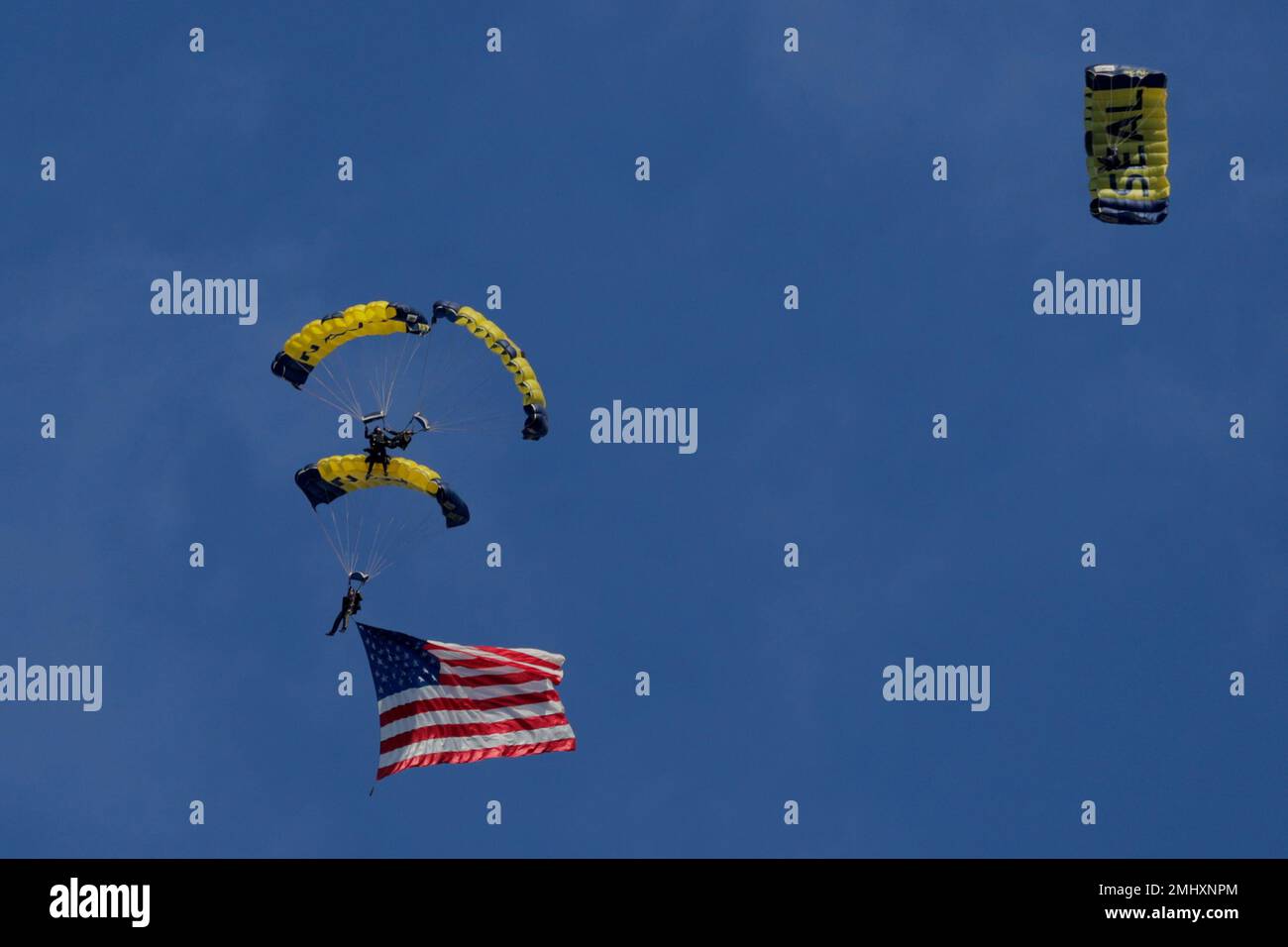 Members of the U.S. Navy Parachute team The Leap Frogs skydive into ...