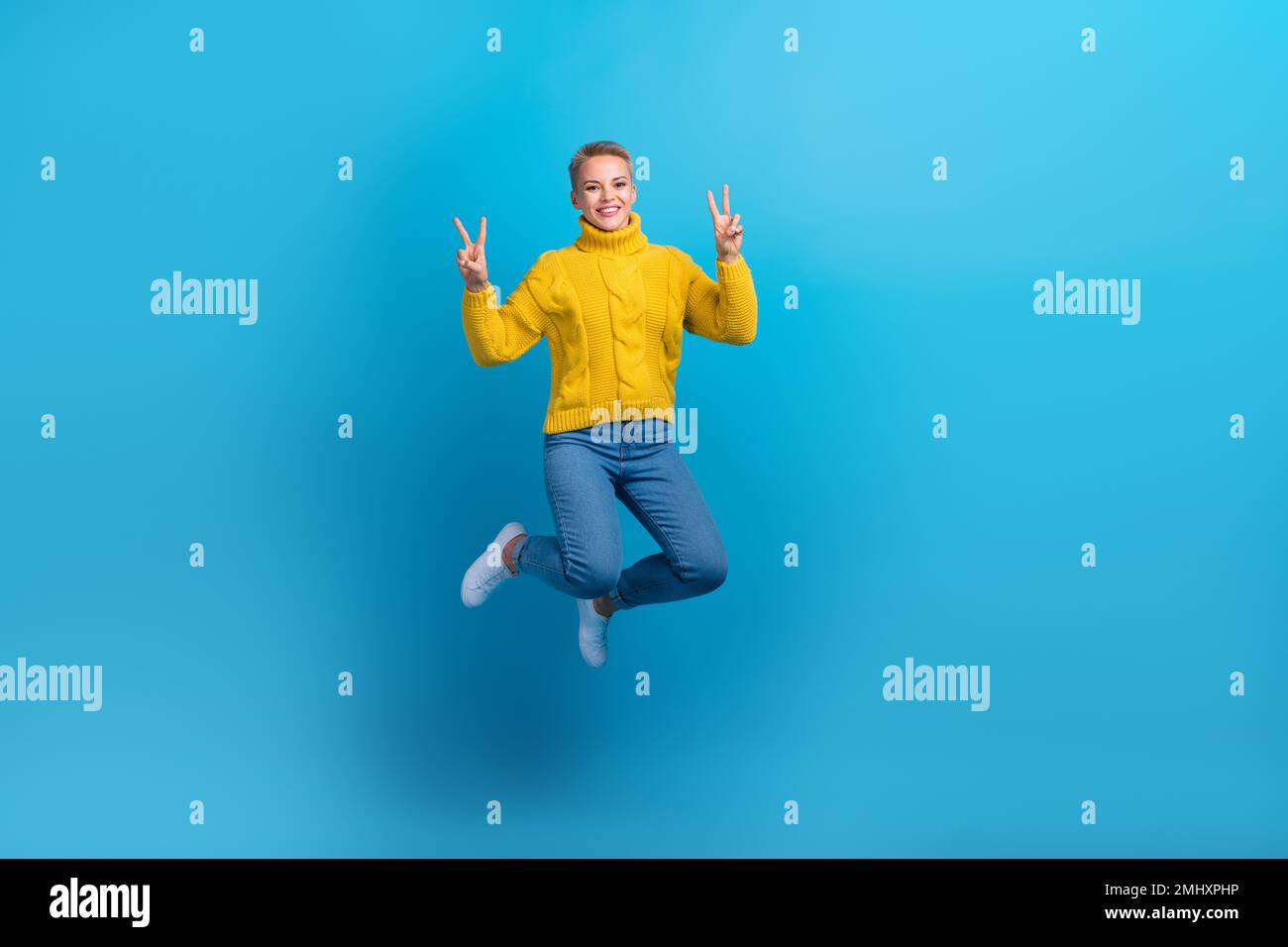 Full body size photo of jumping air excited blonde short hairdo lady ...