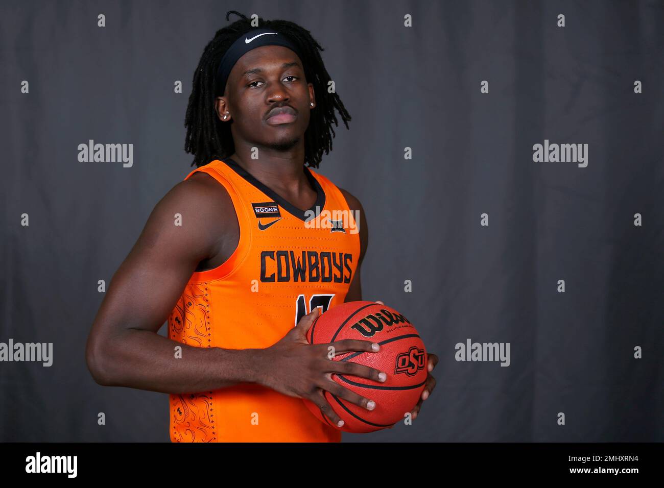 Oklahoma State guard Isaac Likekele poses for a photo during media day ...