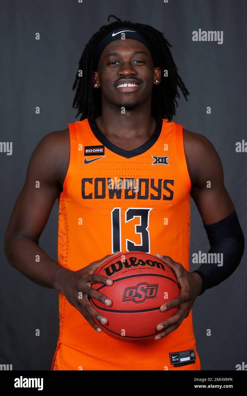 Oklahoma State guard Isaac Likekele poses for a photo during media day ...