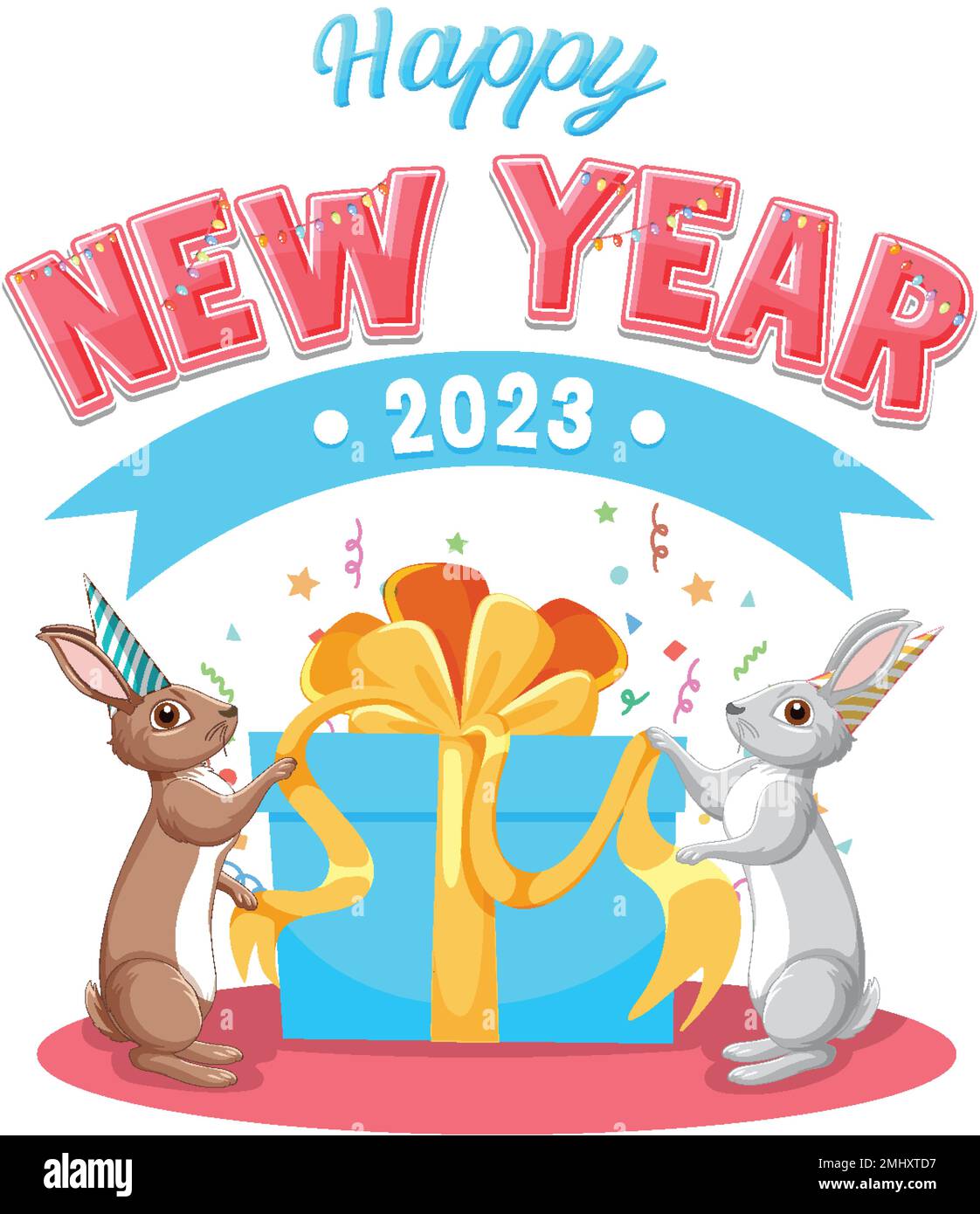 Happy New Year text with cute rabbit for banner design illustration ...