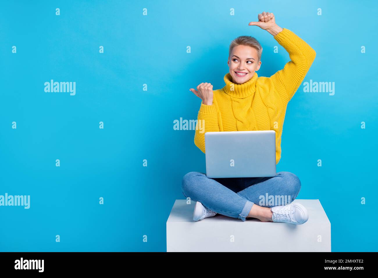 Full body length photo junior programmer lady use apple laptop fingers ...