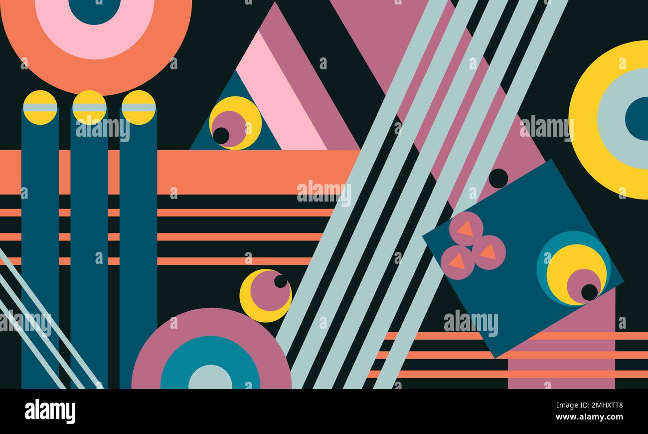 Punchy bright abstract vector geometric background. Collage of colored circles, rectangles ...