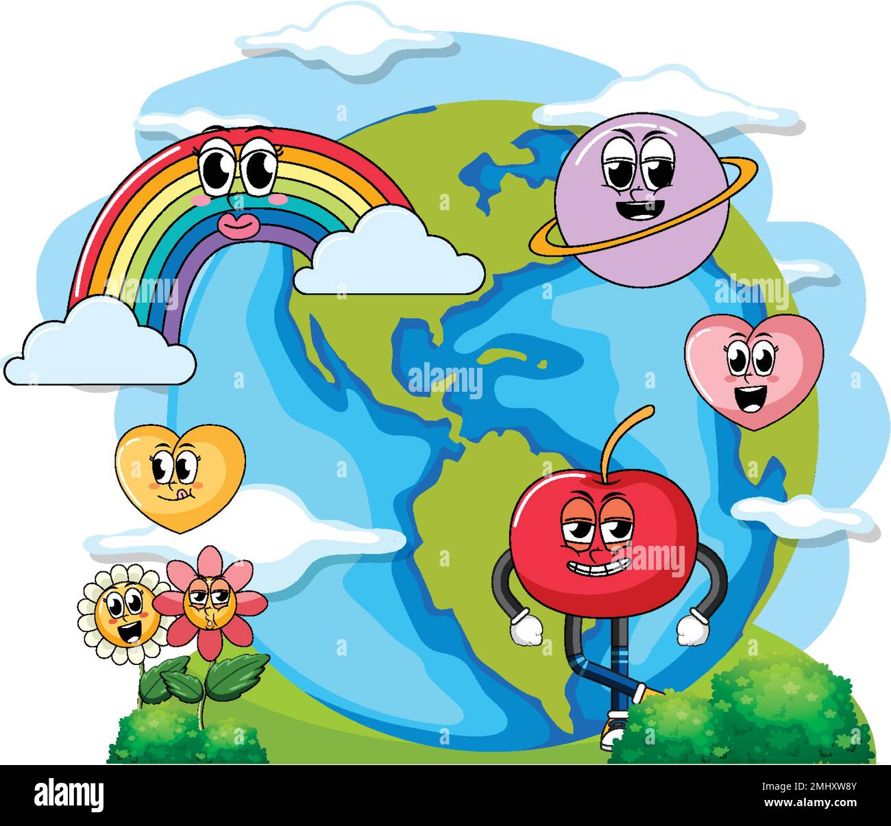 Earth globe with funny cartoon characters illustration Stock Vector ...