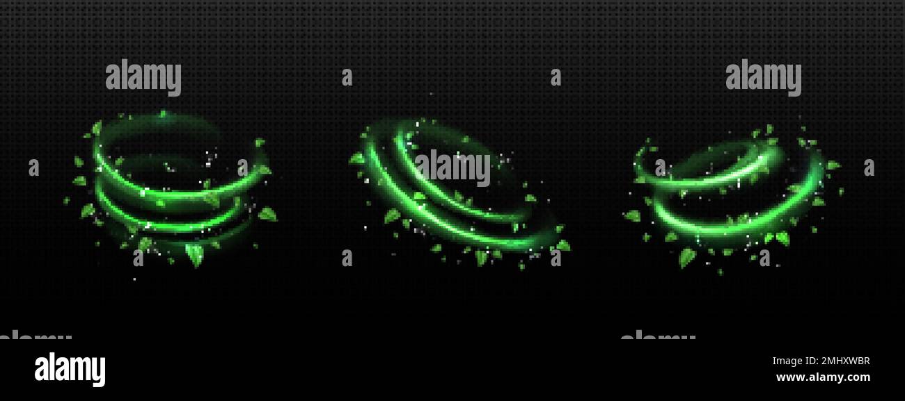 Freshness effect, green air, wind flow with green leaves. Glow vortex ...