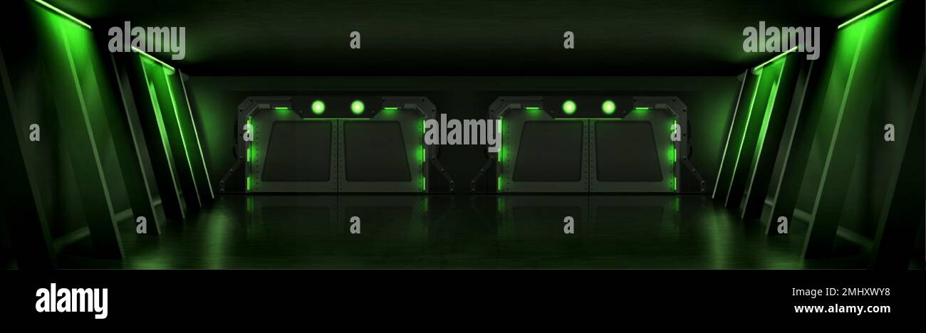 Spaceship, ship or laboratory metal gates. Futuristic interior with ...