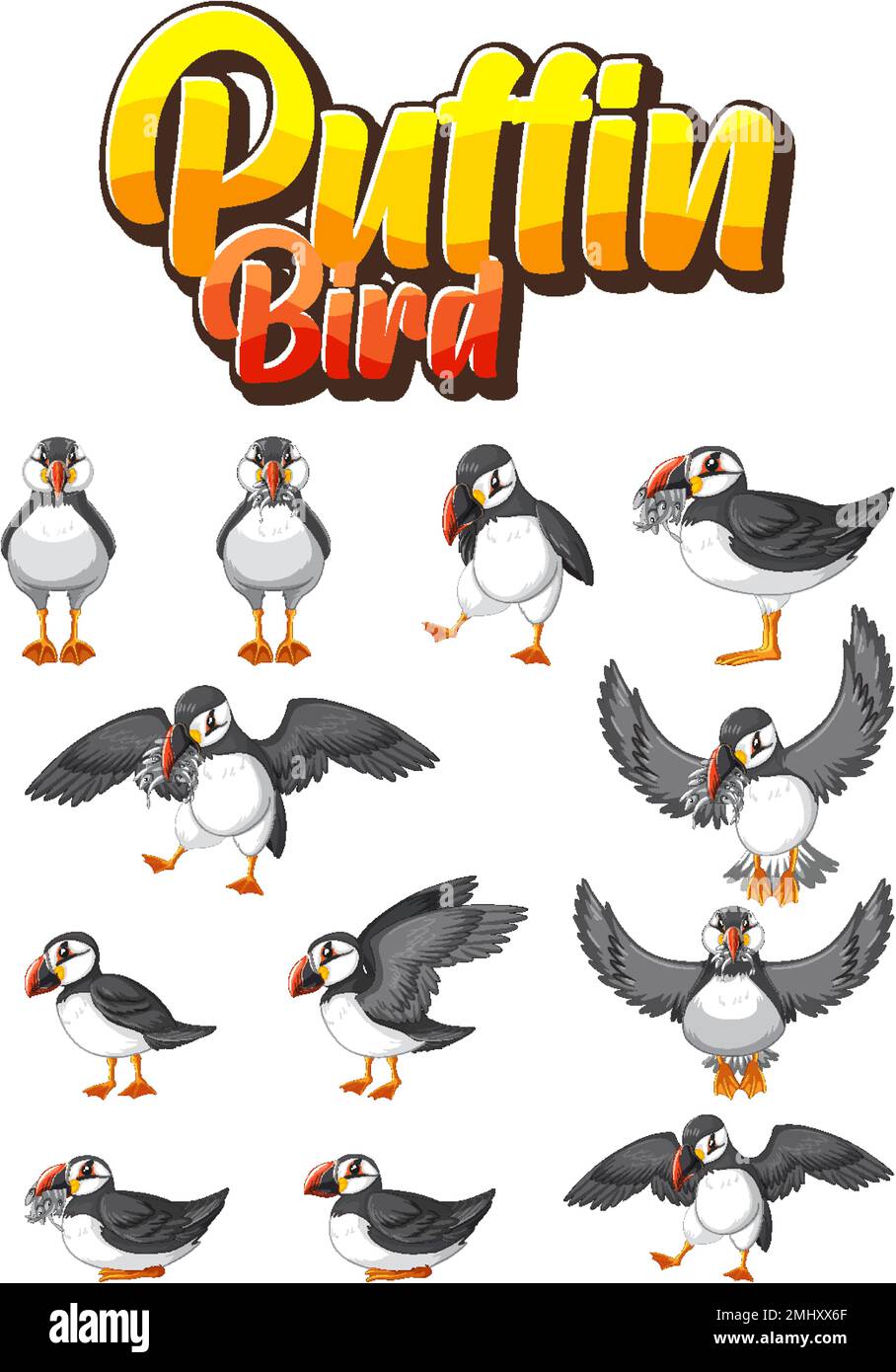 Set of puffin bird cartoon character in different poses illustration ...