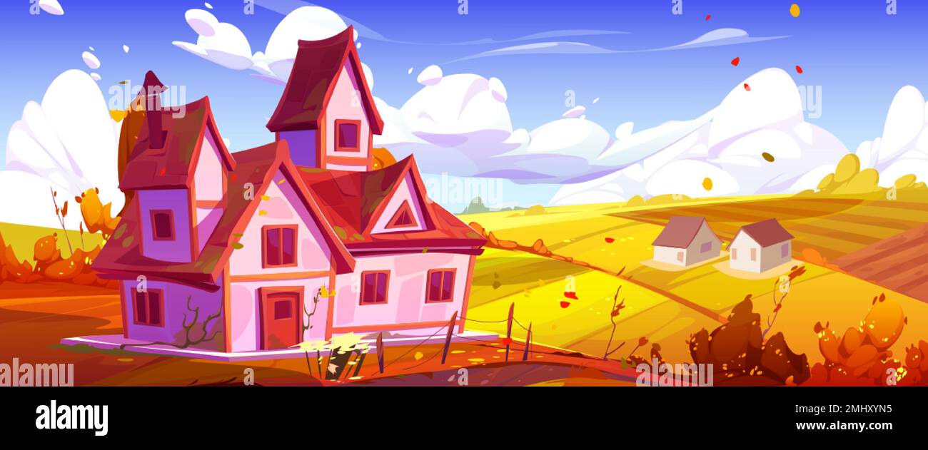 Autumn countryside with house, farm buildings, yellow field under blue ...