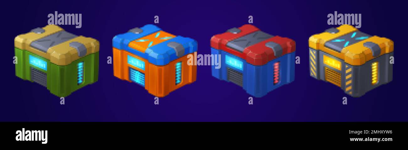 Game futuristic boxes, future technology chests. Icons of sci-fi ...