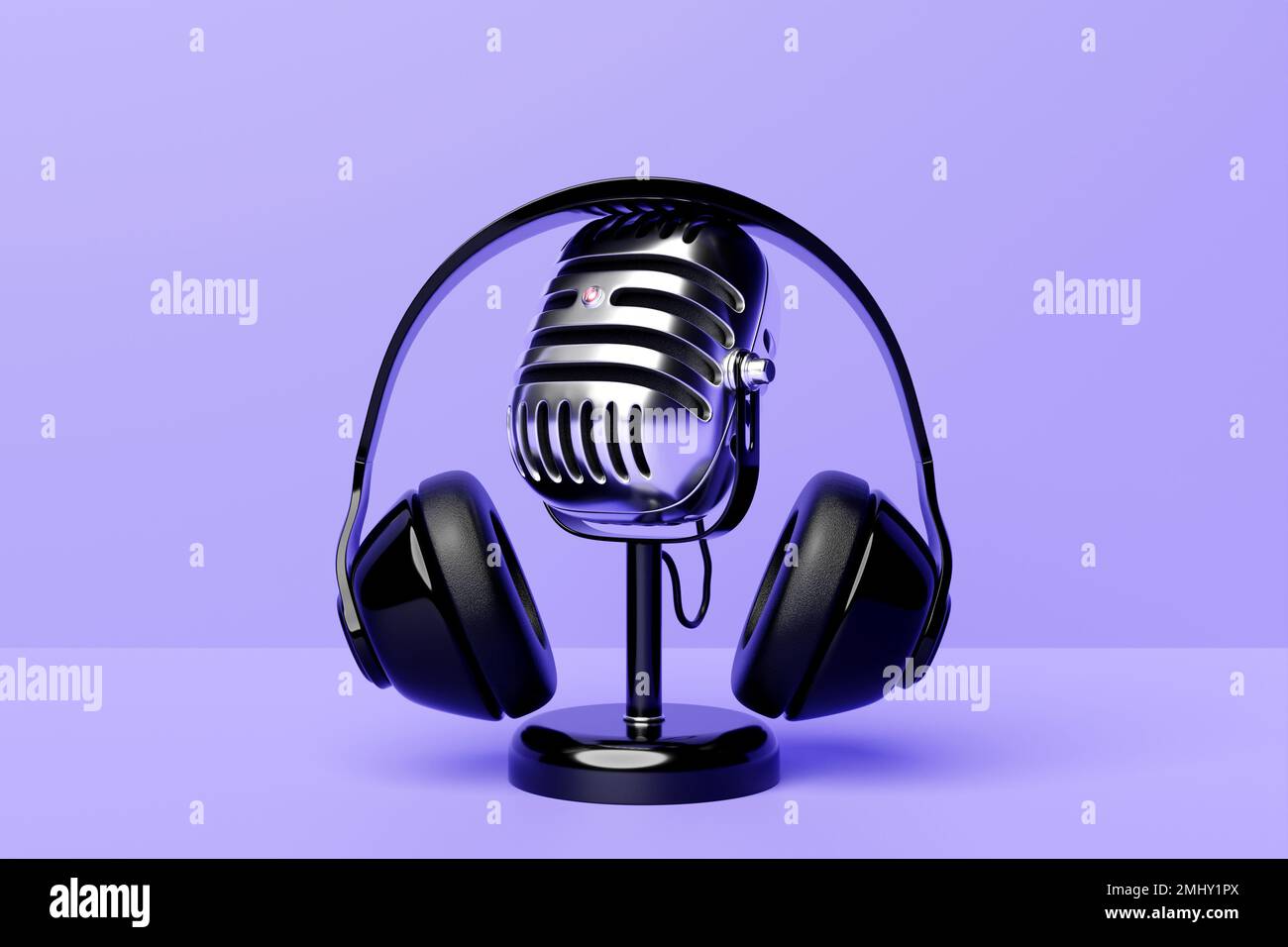 Microphone, and wireless headphones on purple background, realistic 3d ...